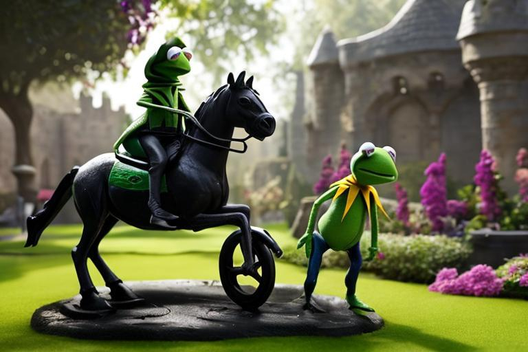kermit the frog riding the black horse in garden of...