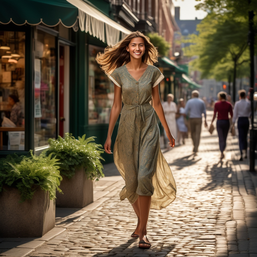 Tall young woman walking down the high street, detai...