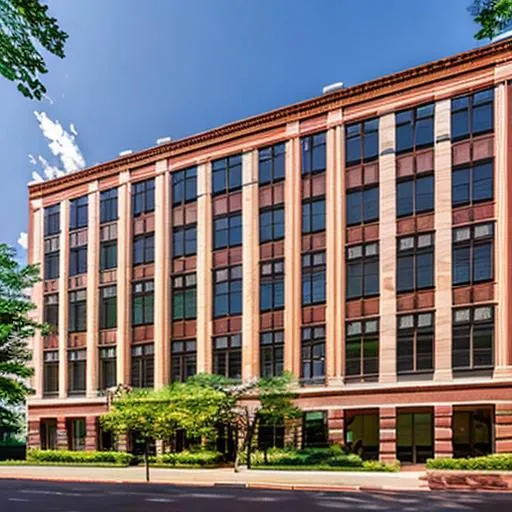 full view of a 10-story brick office building on 5 m... | OpenArt