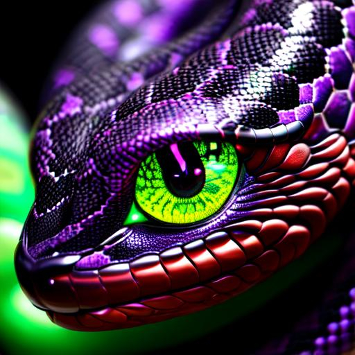 a face shot of a twelve-foot snake with black and gr...