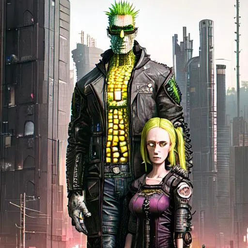 Cyberpunk American Gothic, giant corn in background
