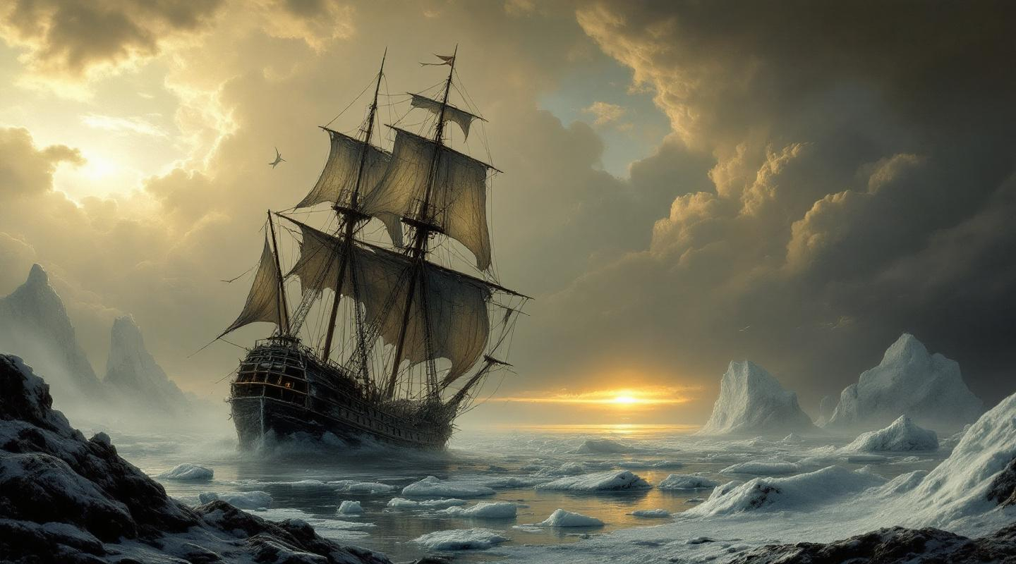A ghost sail ship with torn sails and snapped riggin...