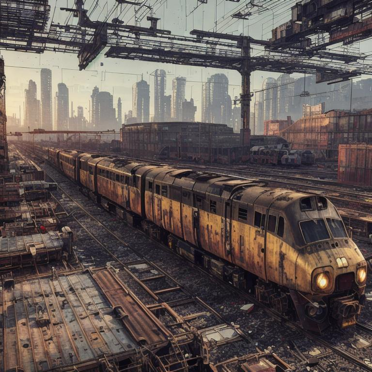derelict train yard locomotive city, cyberpunk setti... | OpenArt
