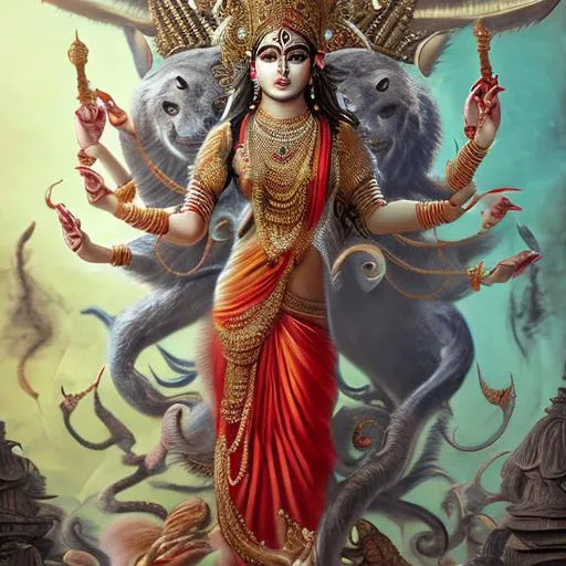 anthropomorphic goddess durga with many arms, portra...