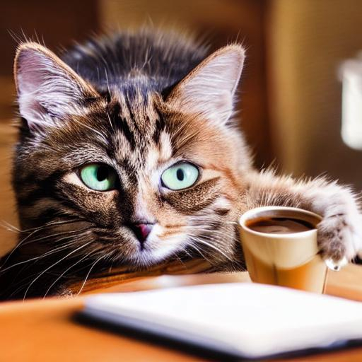 Cat sitting on a coffee table with a cup of coffee,... | OpenArt