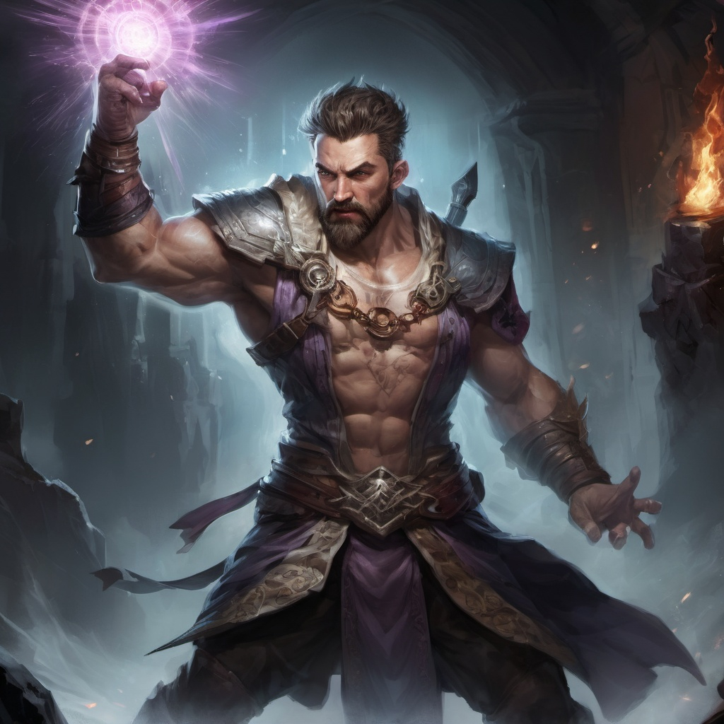 Male stocky large muscular battle-mage with short-cu...