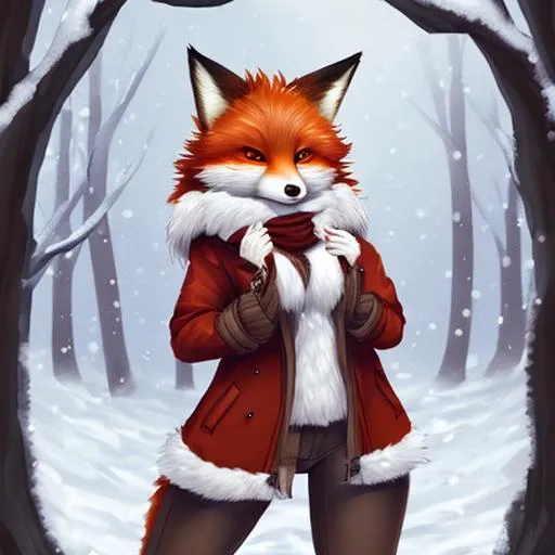 An adult female anthro furry fox wearing a cozy wint...