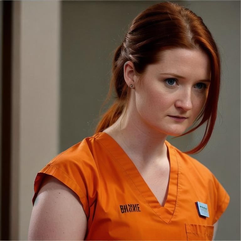 Bonnie Wright in prison wearing orange scrubs prison... | OpenArt
