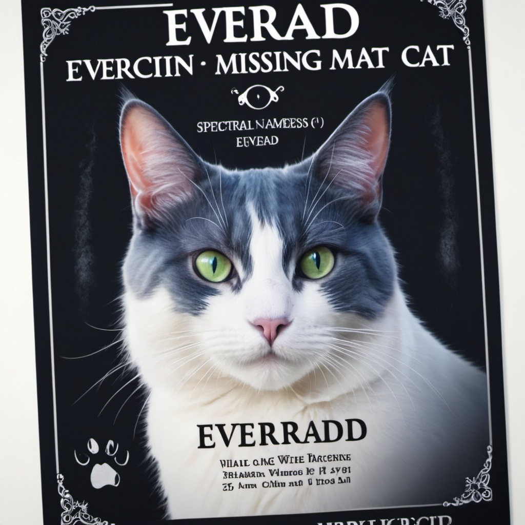 Make me a missing cat poster about a spectral cat na...