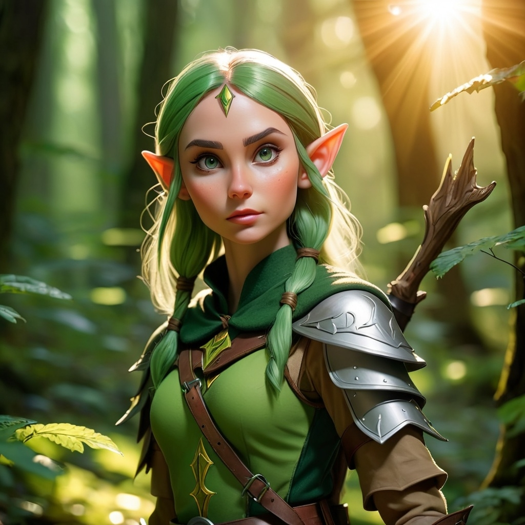 Elf ranger in a mystical forest around sunlight