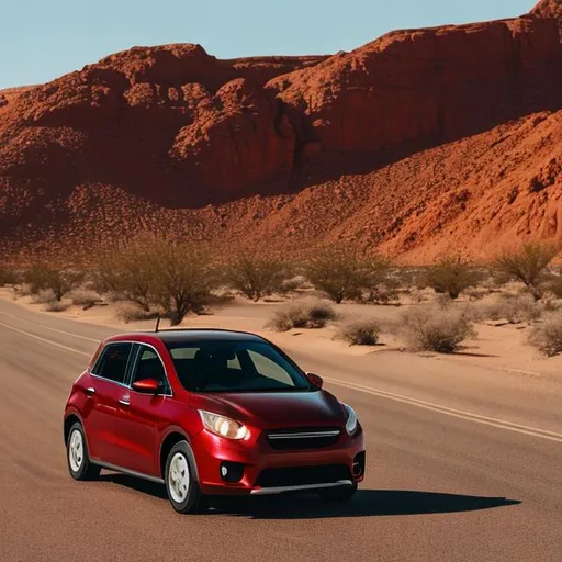 Very small red car, front view, driving on a desert... | OpenArt
