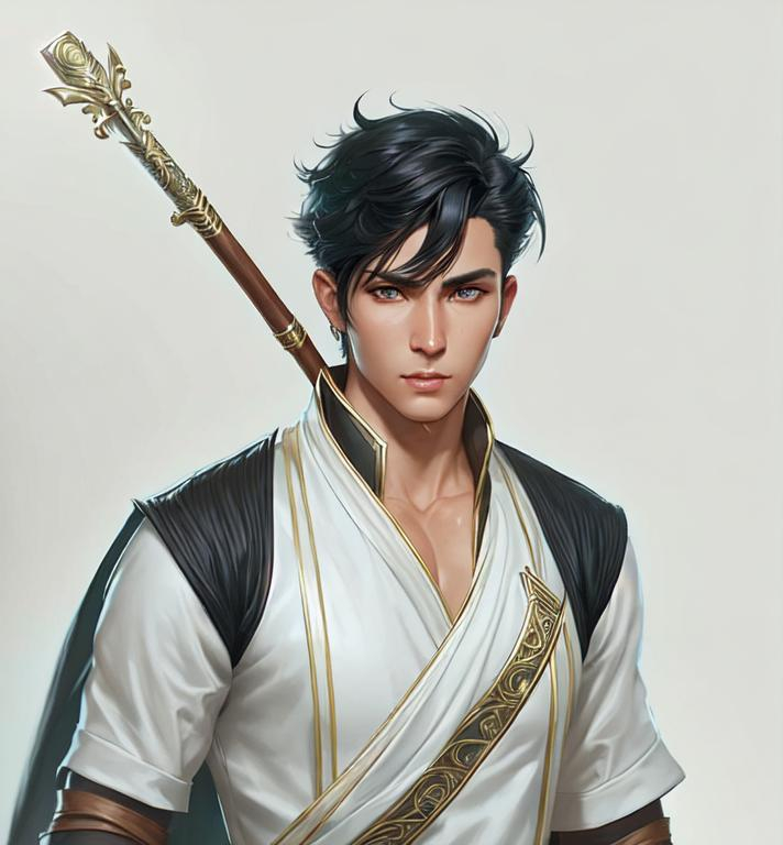 Portrait of a male ranger with black hair, holding a... | OpenArt