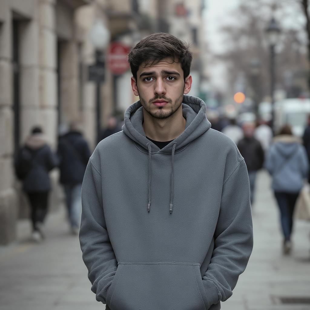 A young introverted man standing alone, away from a...