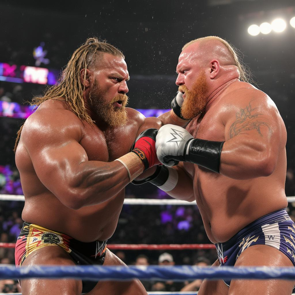 Create an image of triple H of wwe fighting with ma...