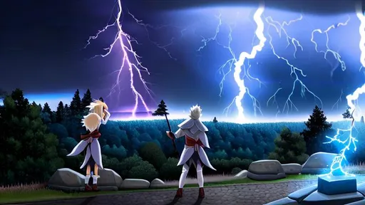 evee touching a thunder stone to evolve while lightn... | OpenArt