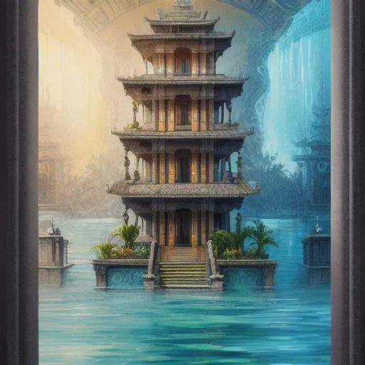oil painting , the inside of futuristic 3 story temp... | OpenArt