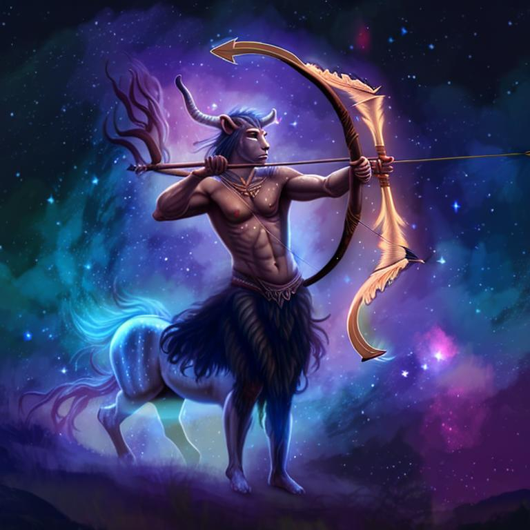 a shamanic male centaur holding a bow and arrow in a...