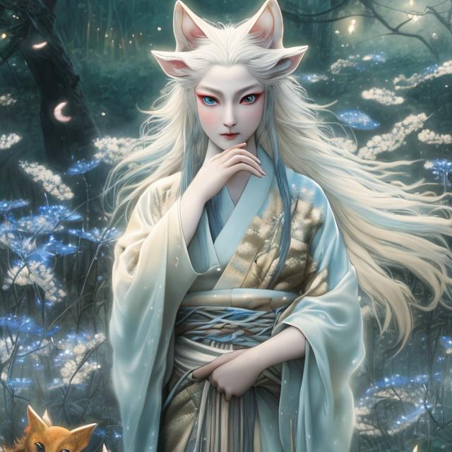 kitsune with vivid blue eyes that glow, long flowing...