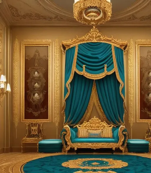 A 3D render of a teal rococo royal court, with a lar... | OpenArt