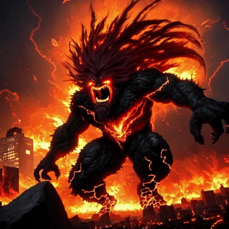 large monster attacking city, mane of hair, screamin... | OpenArt