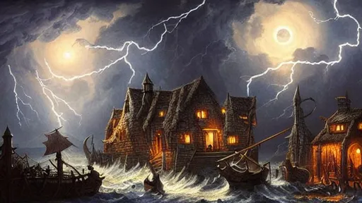 coastal village at night, Maelstrom and storm in bac...