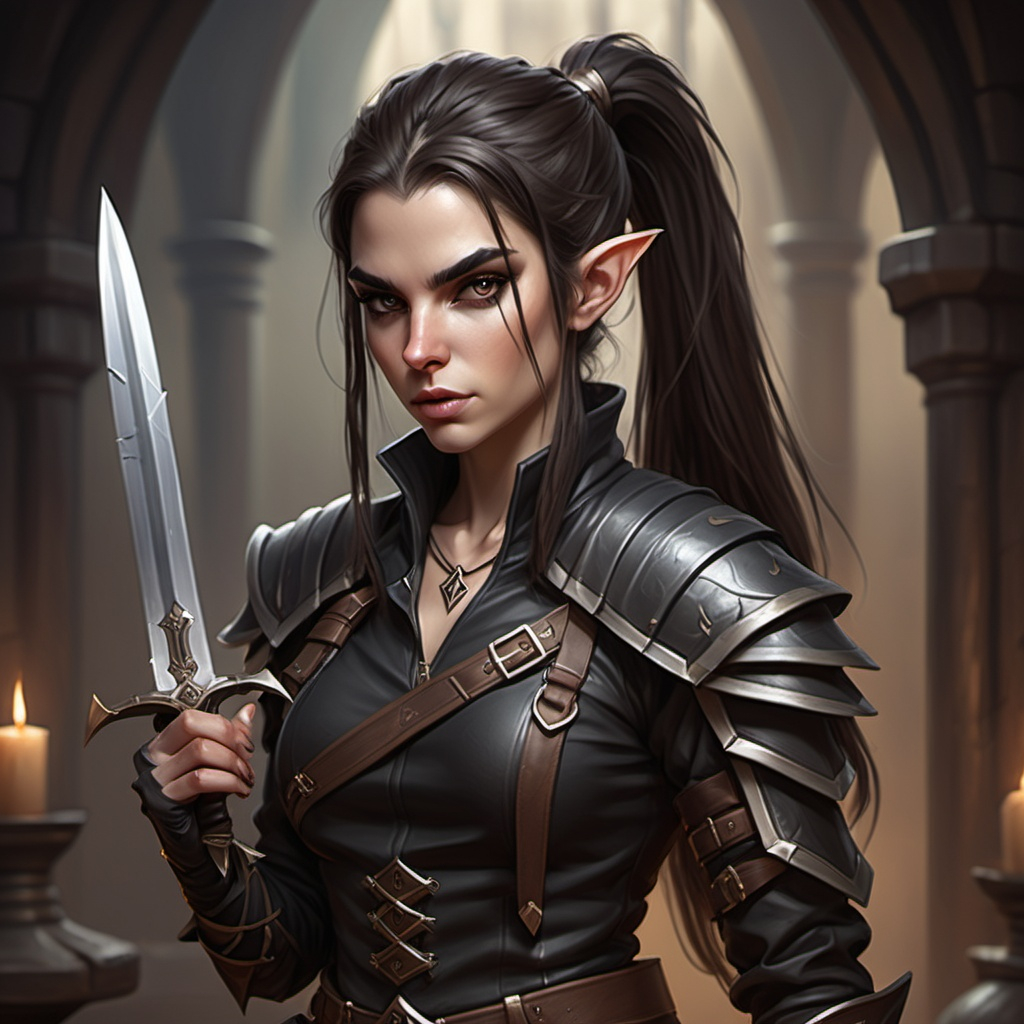 hyper-realistic dark hair pony tail high Elf female...