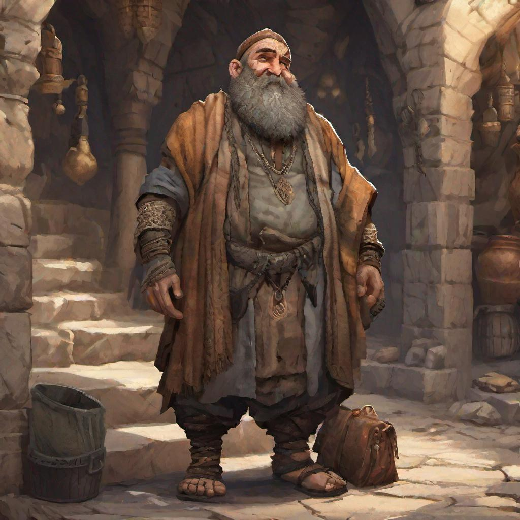 Portrait of a dwarven beggar in a Middle East-inspir...