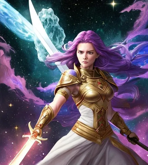 Strong woman,Holding a sword,into cosmic space,magic... | OpenArt