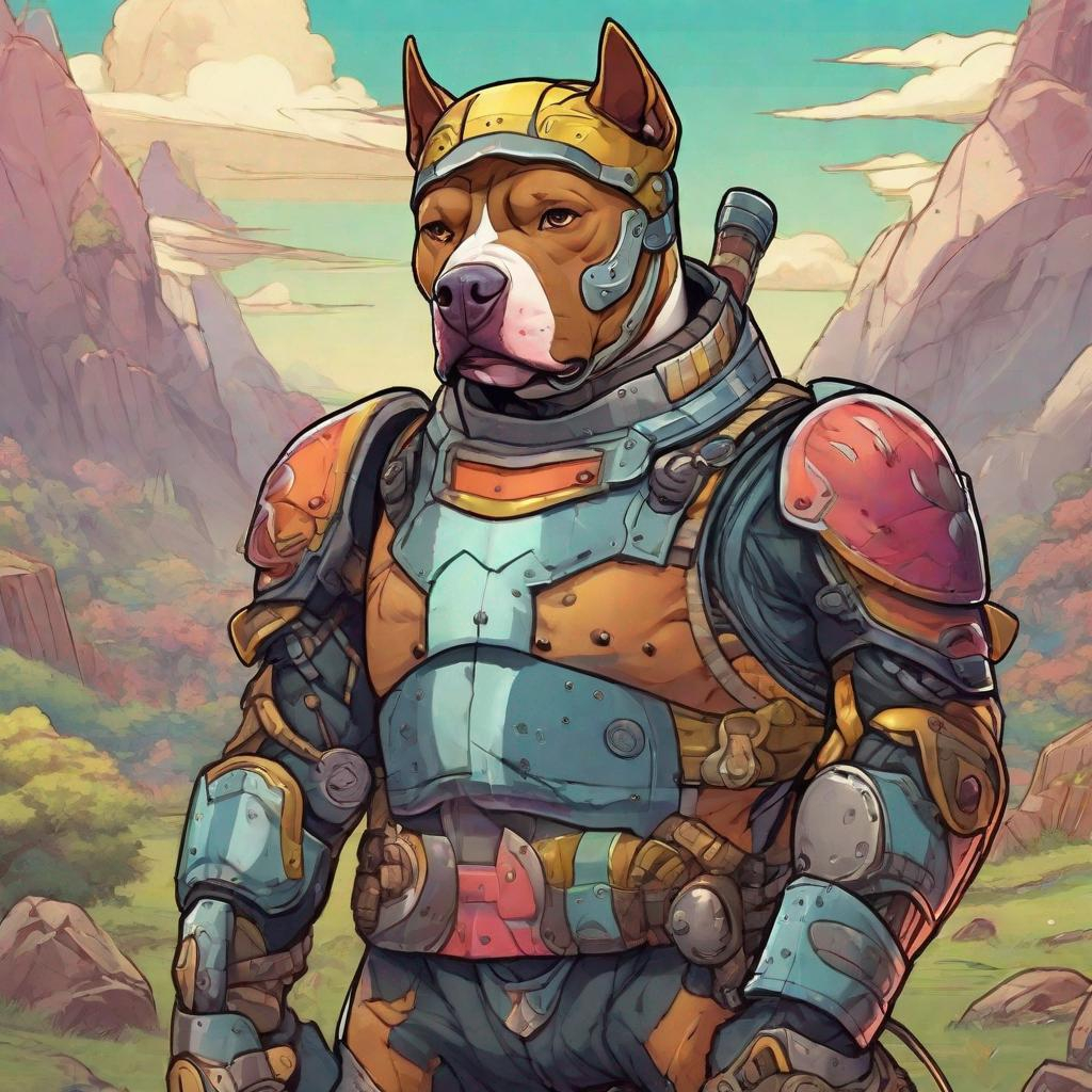 Cartoon pitbull with landscape background with color...