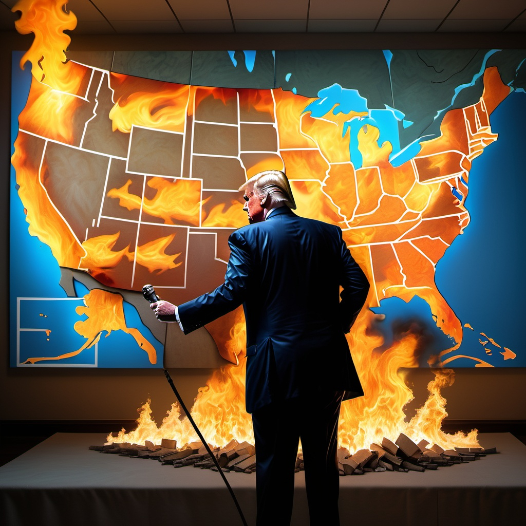 Donald Trump setting a large wall map of the United...