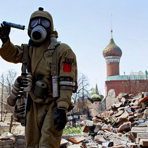 Hazmat soldier wearing gas mask roaming through the... | OpenArt