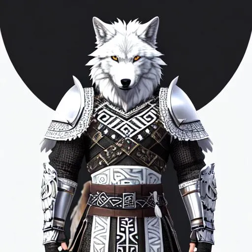 A humanoid wolf wearing white and black ancient gree...