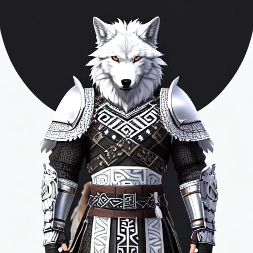 A humanoid wolf wearing white and black ancient gree...
