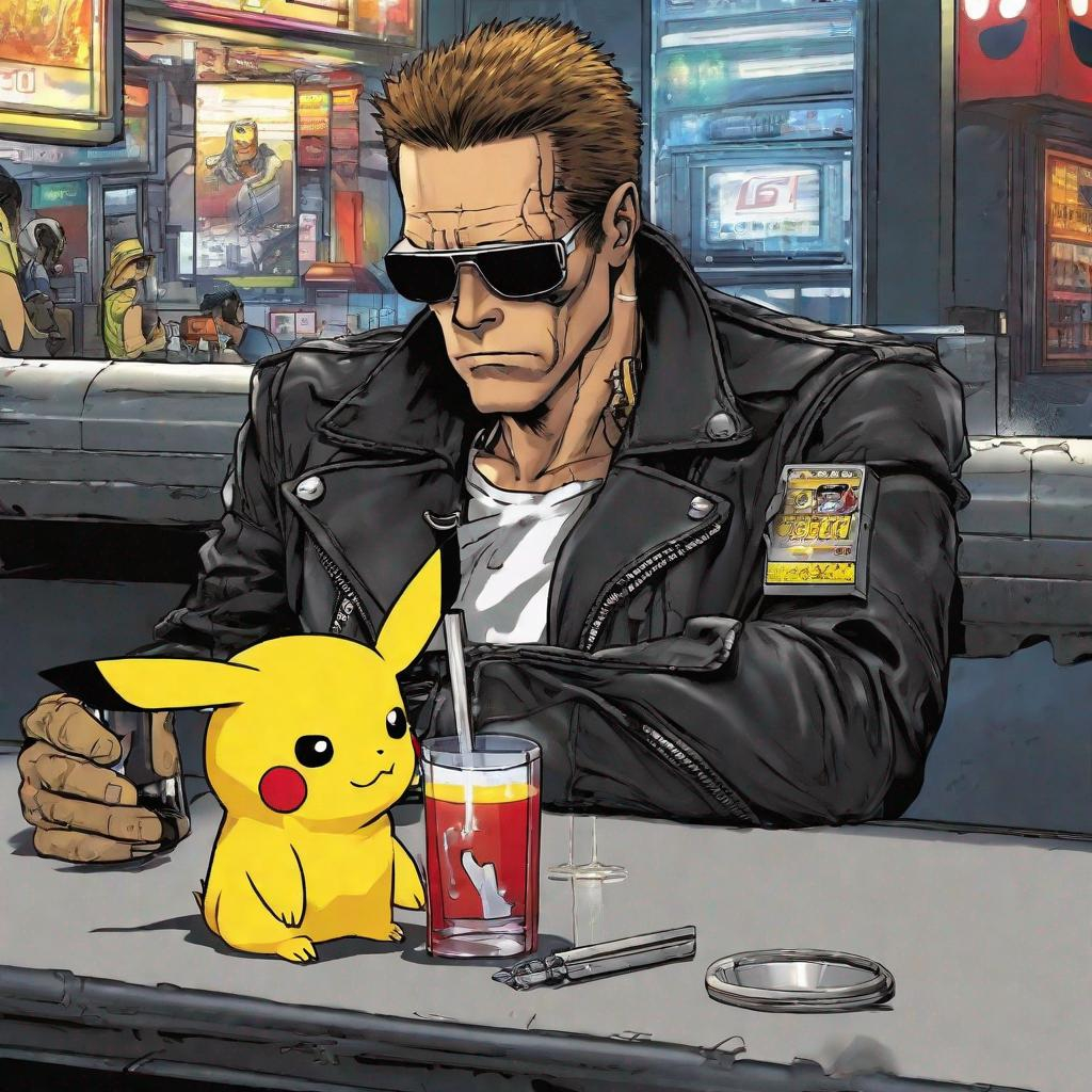 The Terminator shares a drink with Pikachu sitting i...