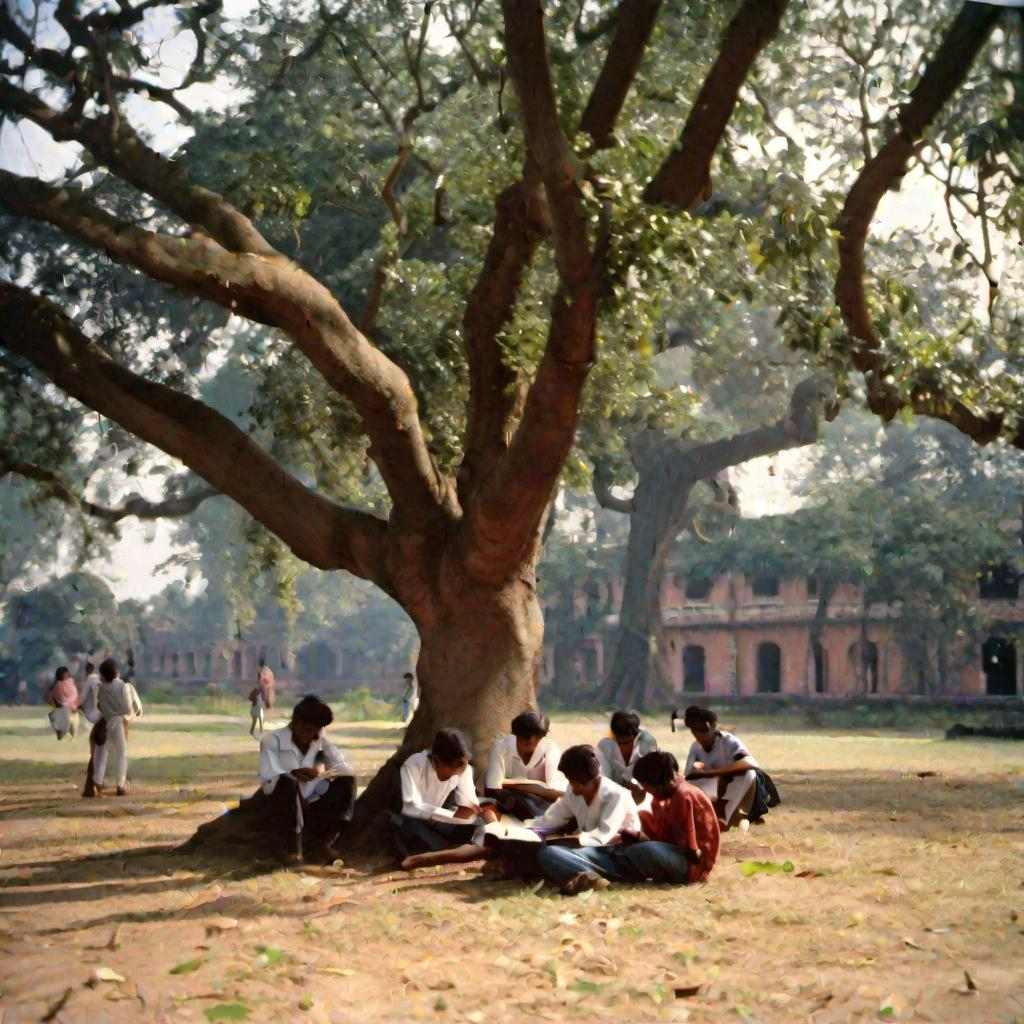Students studying under the tree at Santiniketan in...