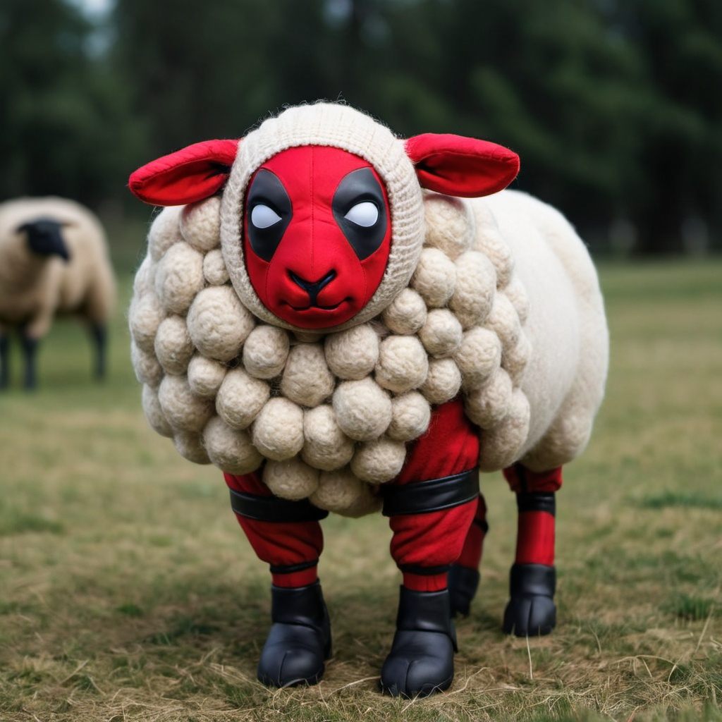a different version of Deadpool as a sheep, in costu...