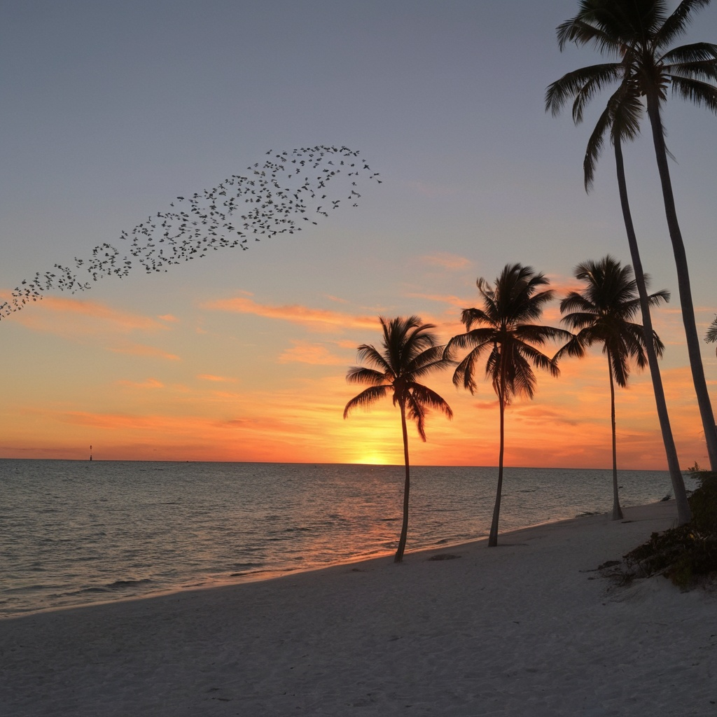 Sunset over key west beach, palm trees, and birds f...