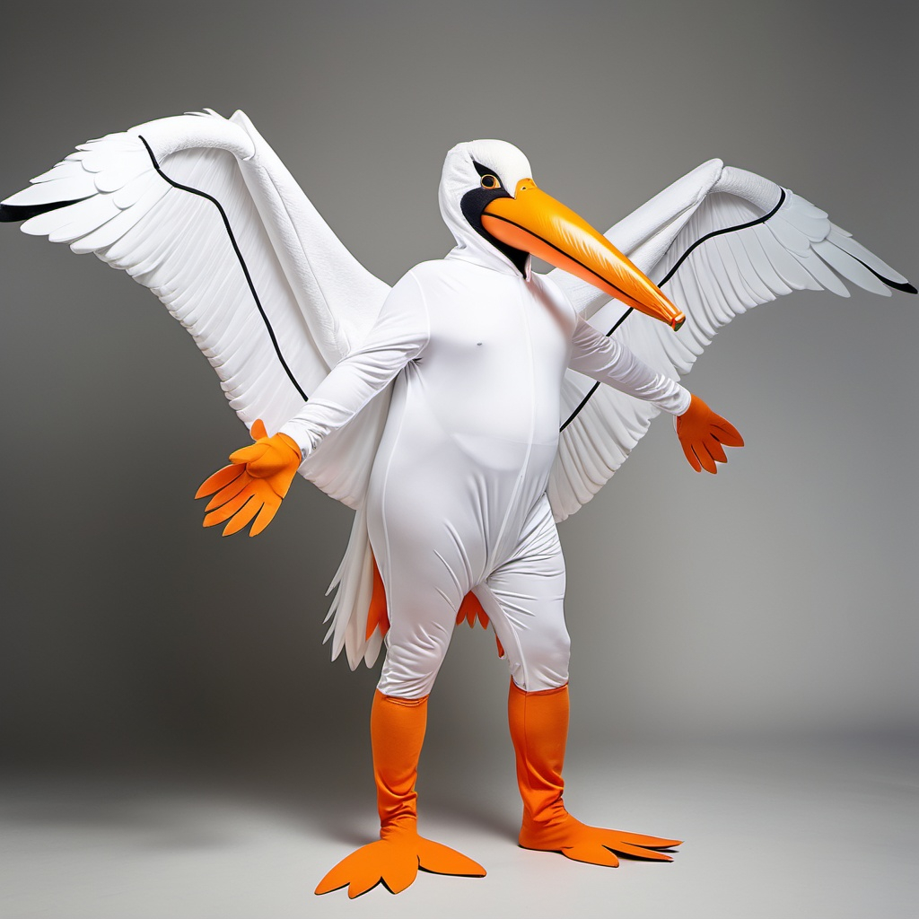 Man in a Pelican costume with white body suit with w...