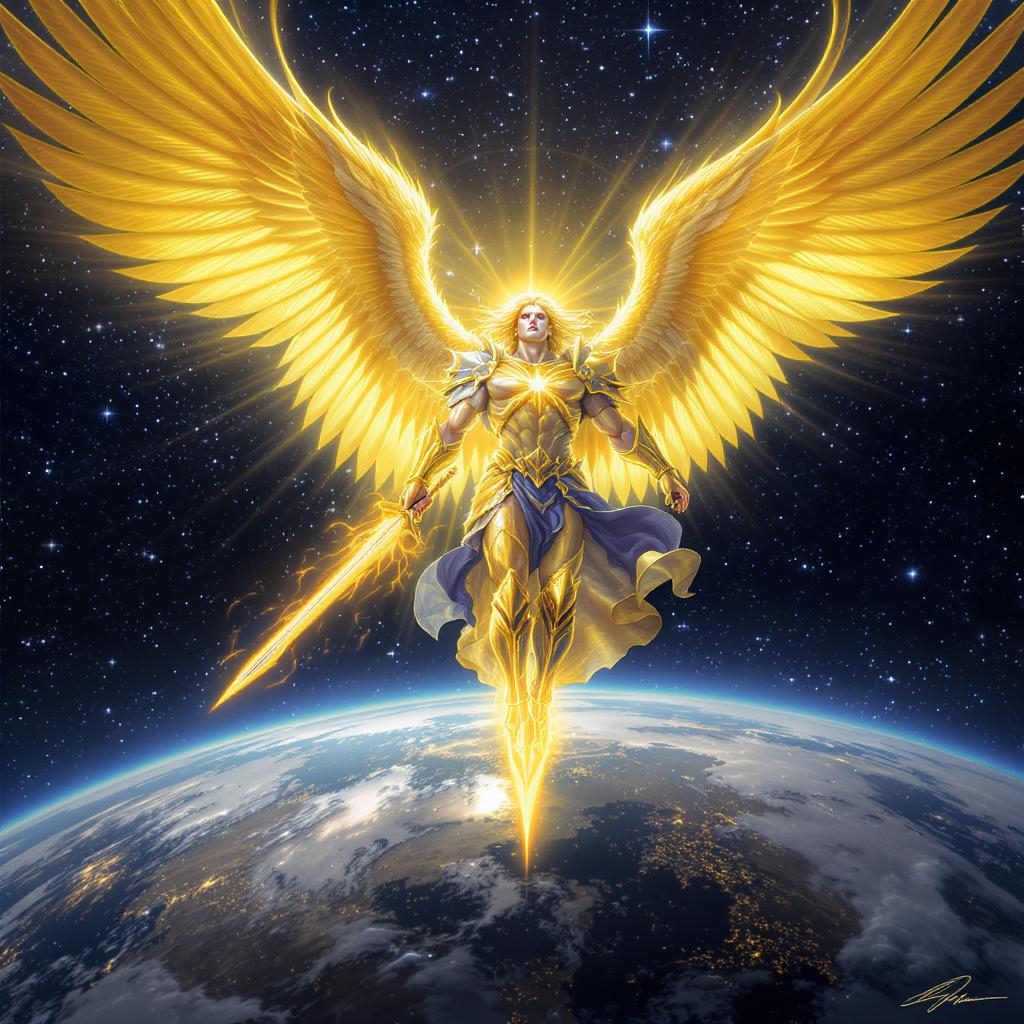 "Archangel Michael flying high above Earth seen from...