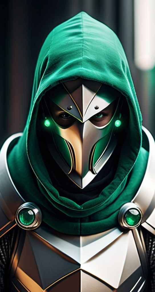 Sci-fi Knight with face mask with emerald hood