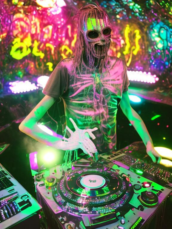 Realistic futuristic 90s acid house raver alien teen...