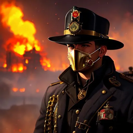steampunk professional firefighter in a mask, fire i... | OpenArt