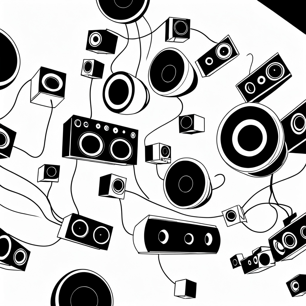 a drawing of floating speakers, black and white with...