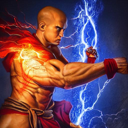 A drawing of a monk fighting, wearing armor, dark fe...