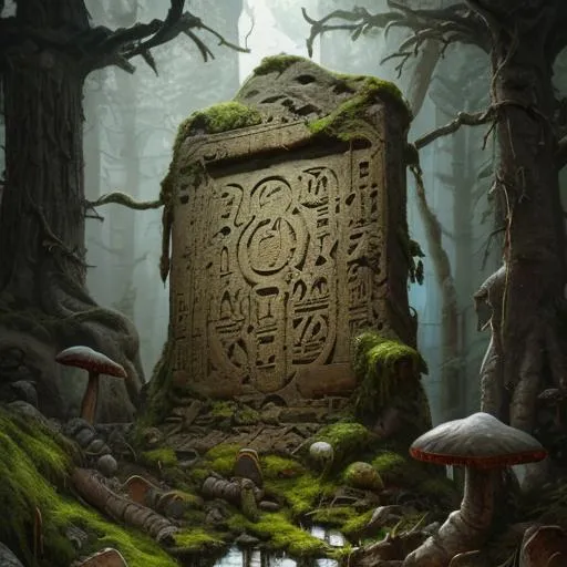 hieroglyphics, rune glyphs, white moss, fungi, rott...