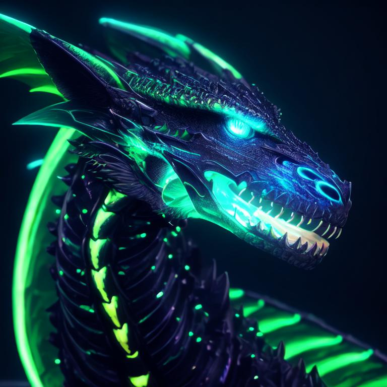Portrait of a roaring neon skeleton dragon with irid...