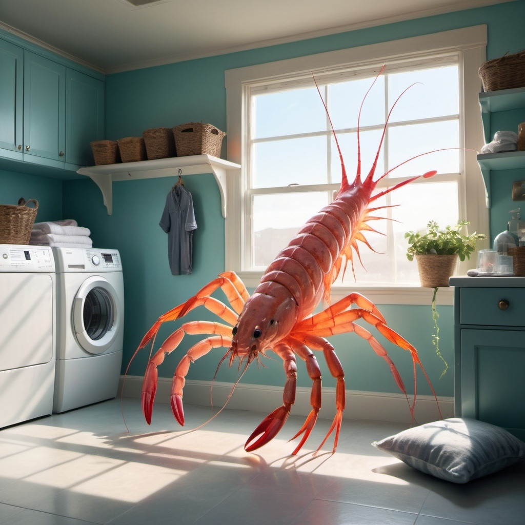 Giant shrimp creature in laundry room