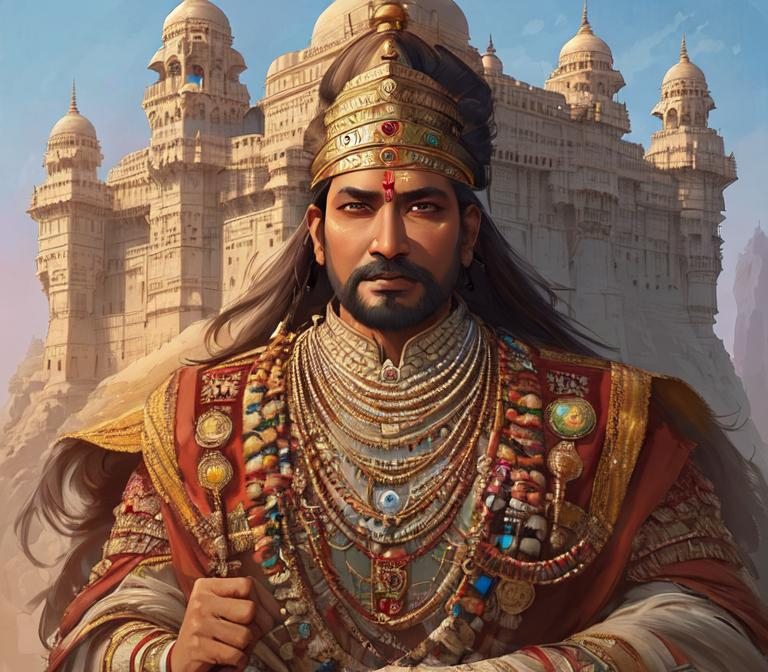 A full portrait of 45 indian king, medivial castl...