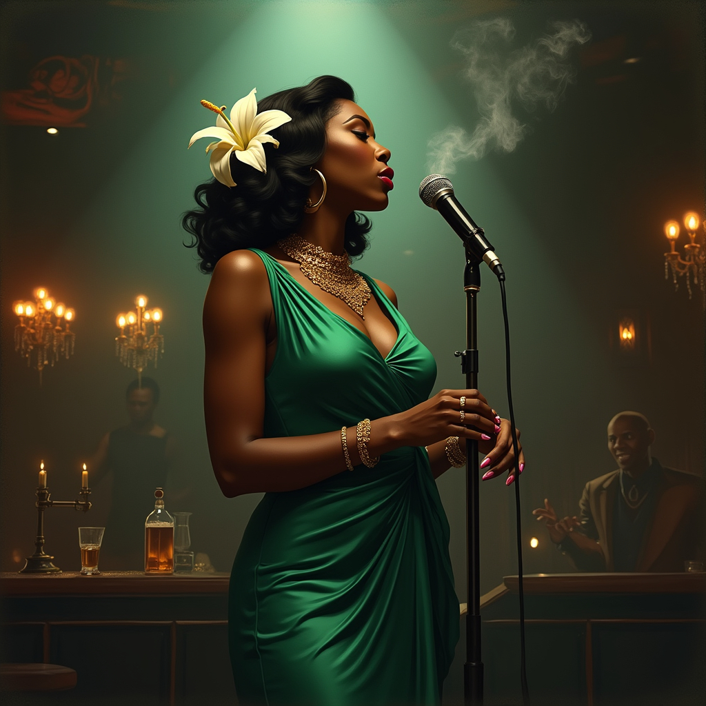 A soulful black jazz singer, dressed in a luxurious...