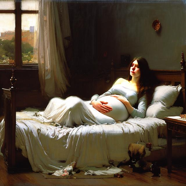Pregnant woman in bed crying, oil painting by John W...